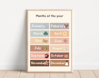 Months of the Year Classroom Decor, Boho, Calendar Poster, Educational ...