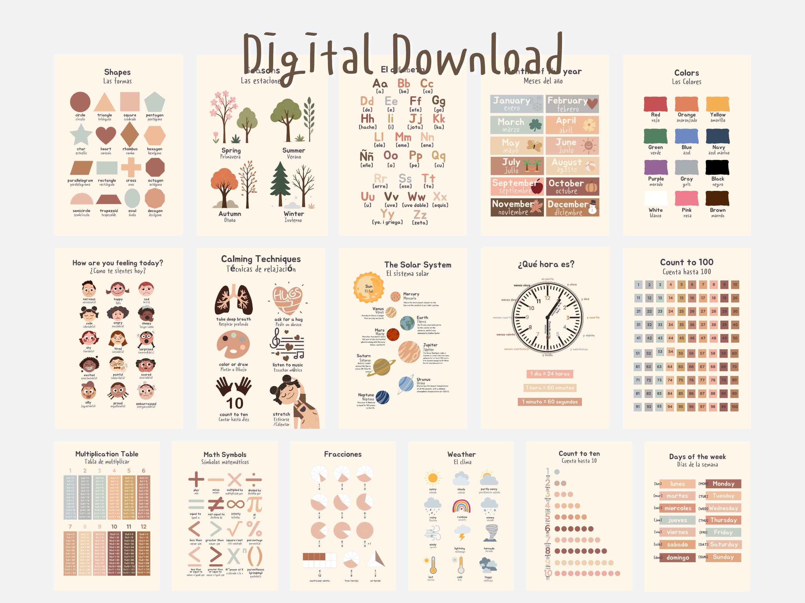 Bilingual Spanish Educational Posters for Kids, English Spanish ...