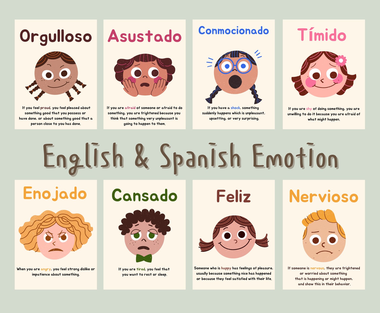 Tarjetas didácticas bilingües sobre emociones en español: imprimibles ...