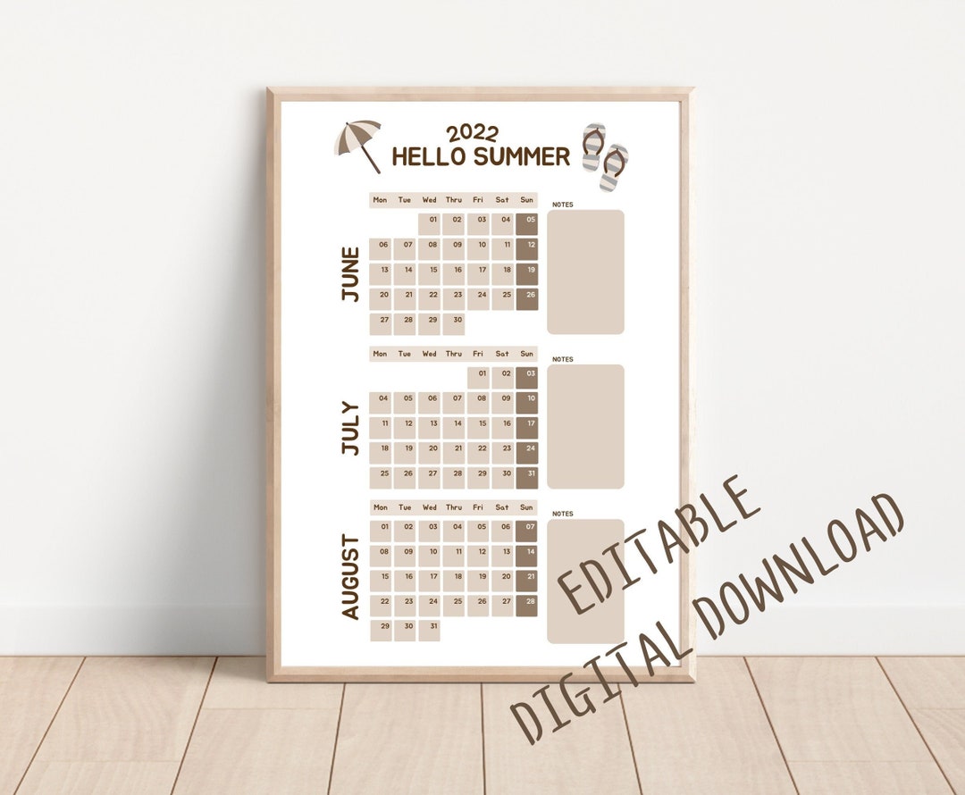 Printable Editable Summer Calendar Poster for Kids. - Etsy