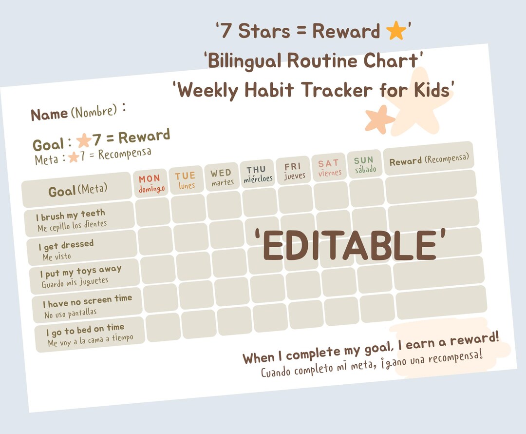 Bilingual Weekly Reward Chart for Kids | Editable Routine Tracker ...