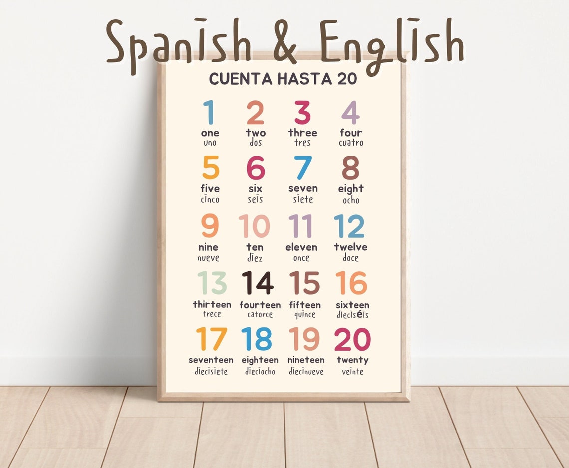 Bilingual Spanish Numbers 20 Poster Printable English to | Etsy