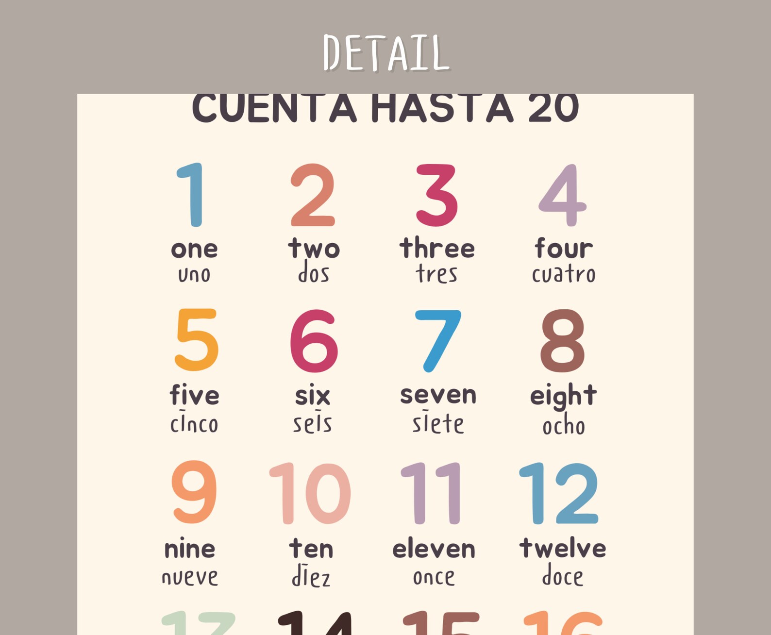 Bilingual Spanish Numbers 20 Poster Printable English to | Etsy