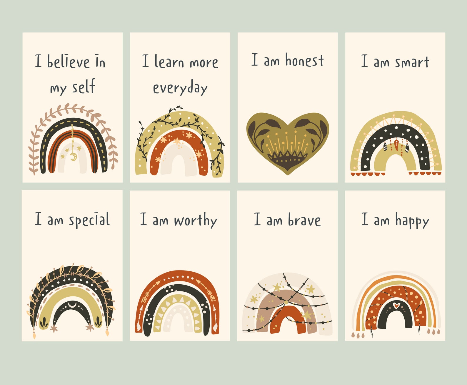 Rainbow Boho Affirmation Cards for Kids Printable Positive | Etsy