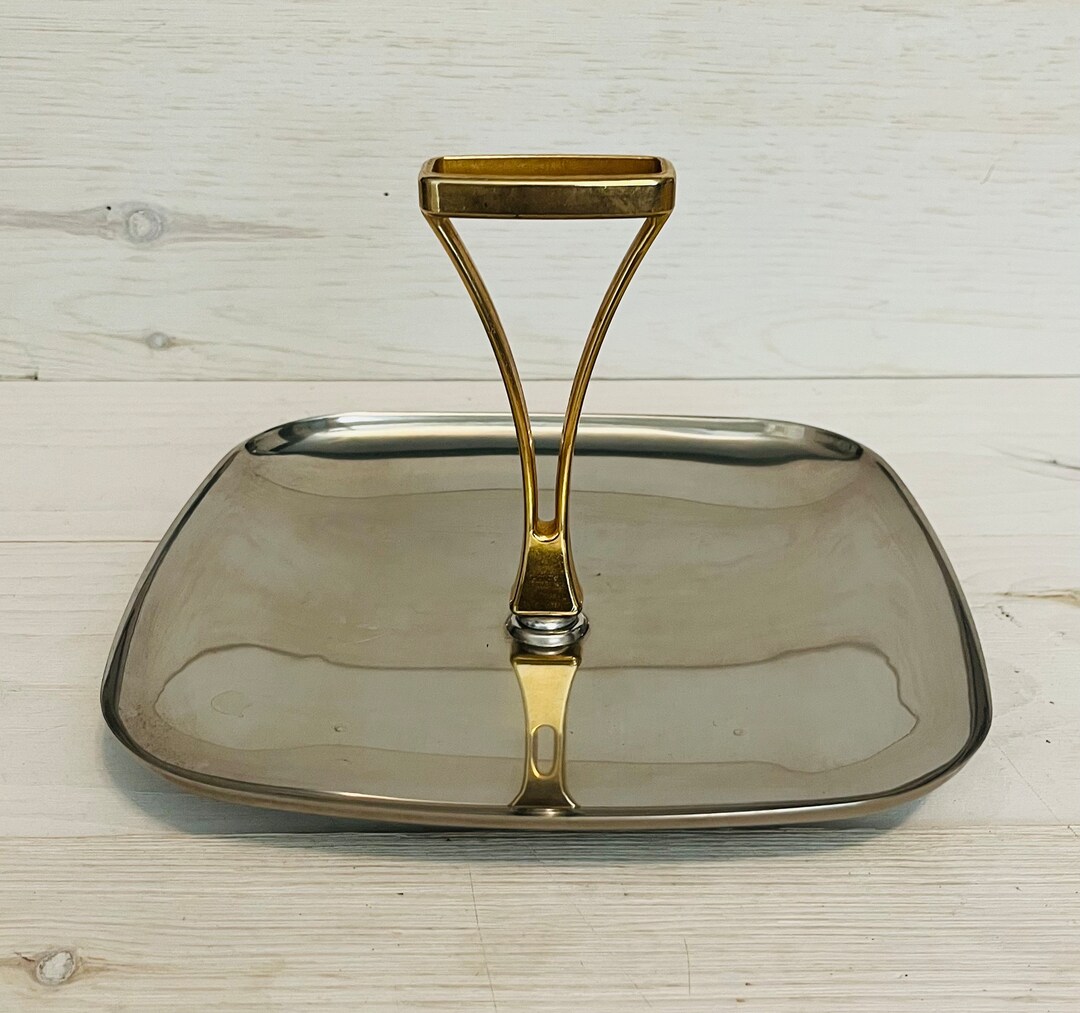 MCM Viking Appetizer Stainless Steel Square Serving Tray With Gold Tone ...