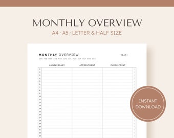 Monthly Overview Page | Undated A4, Letter Printable PDF | Monthly ...