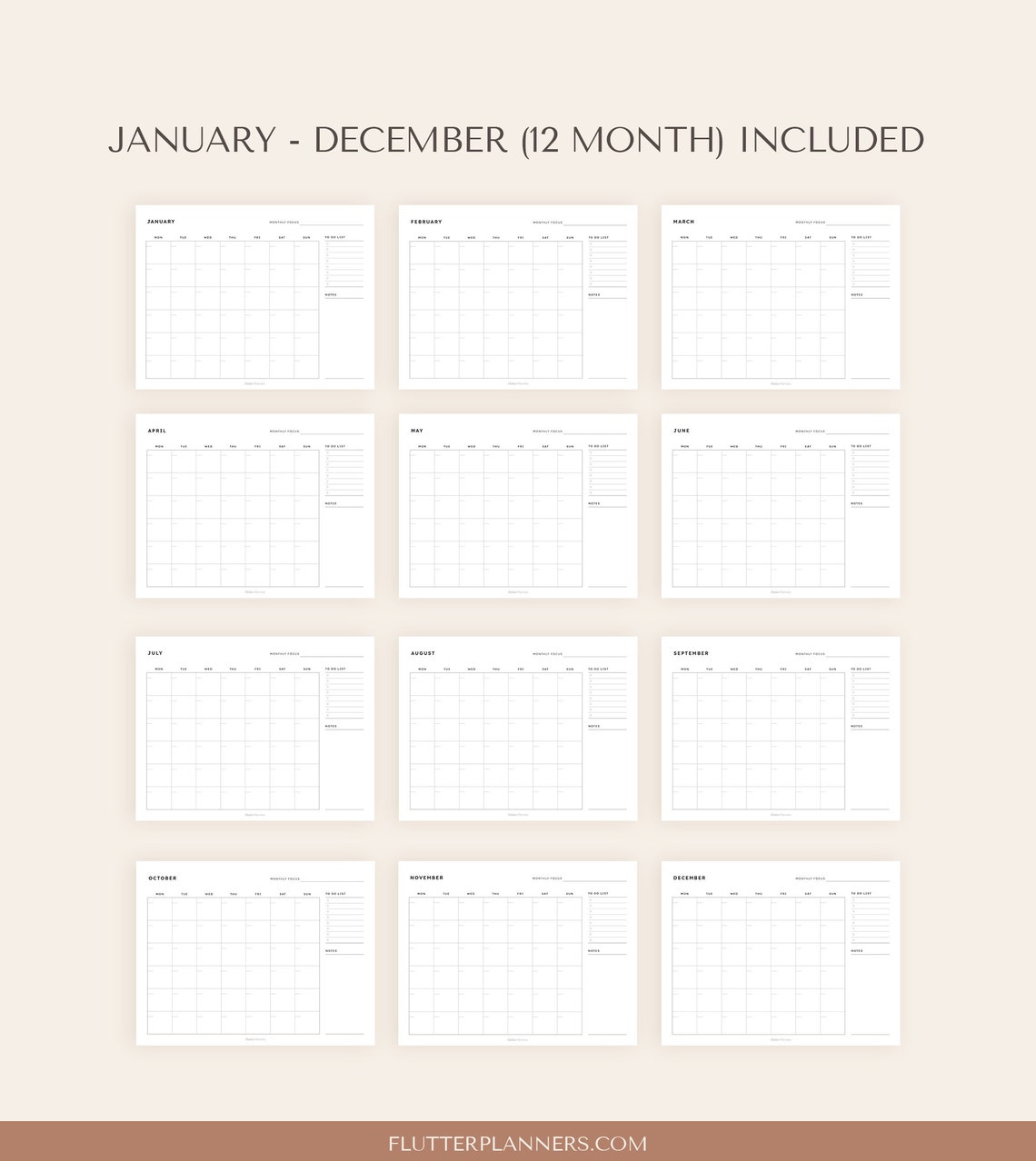 Undated Monthly Planner Printable | Large Undated Planner, Horizontal ...