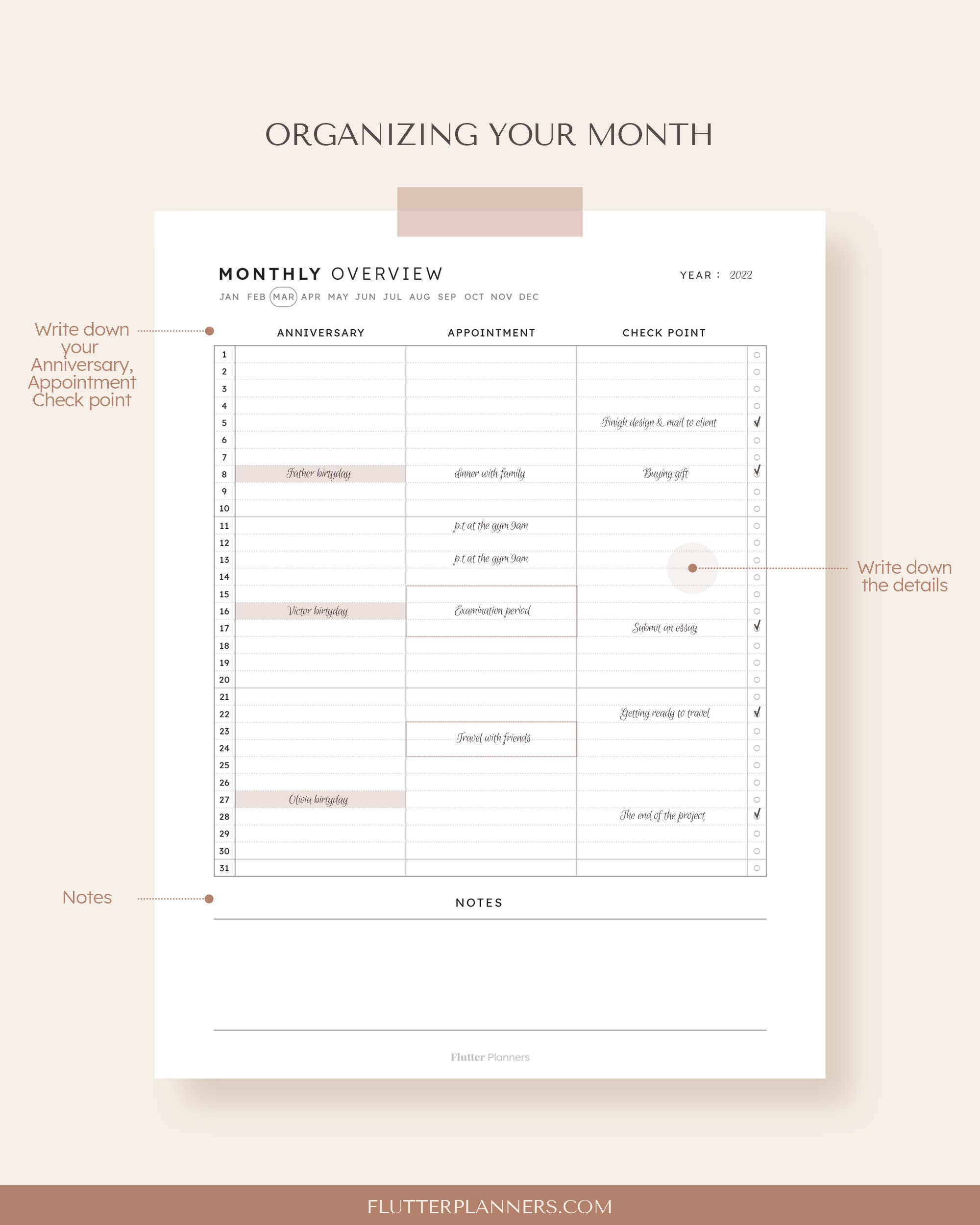 Monthly Overview Printable Planner | Month on One Page, Undated Monthly ...