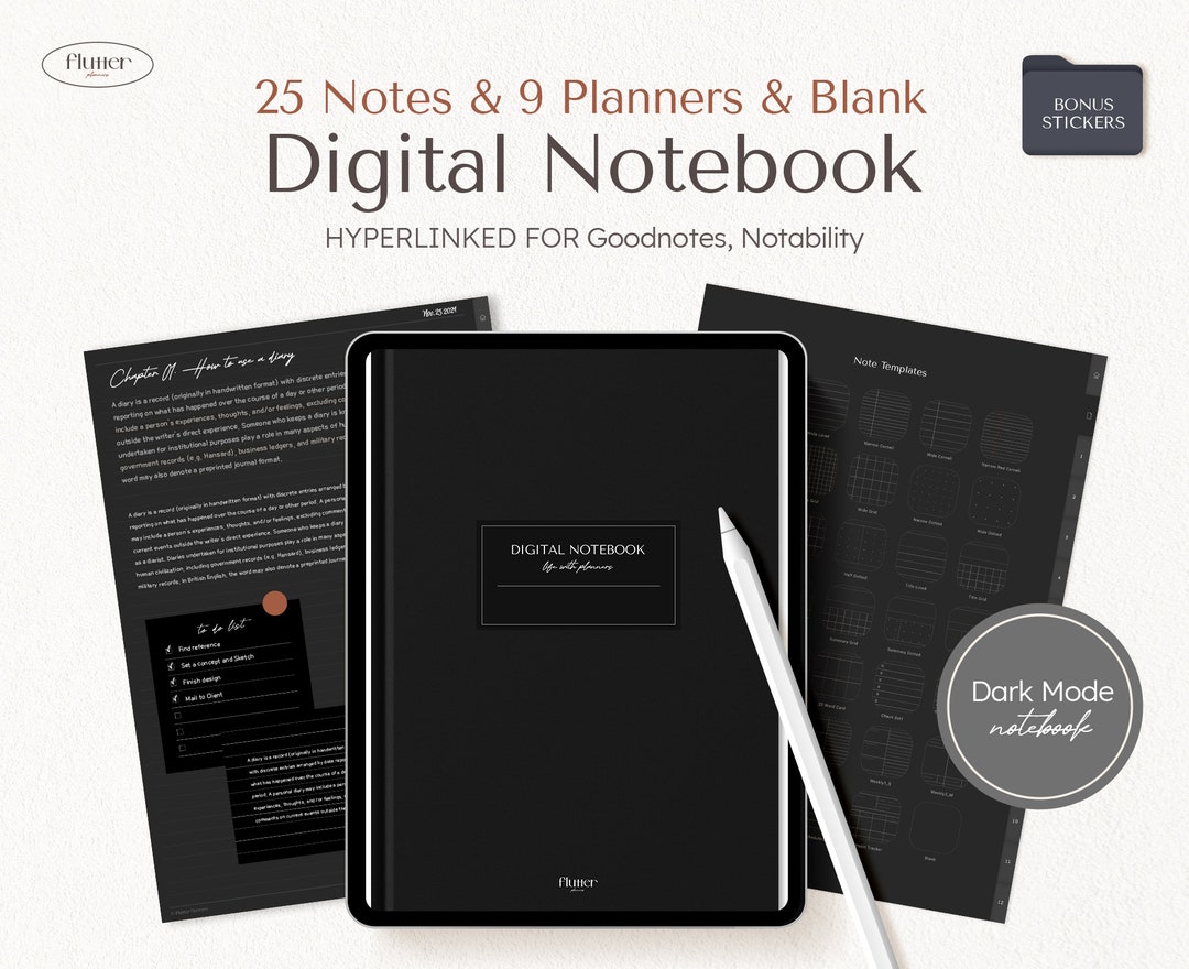 Dark Mode Digital Notebook: Hyperlinked Tabs, Bonus Stickers (goodnotes ...