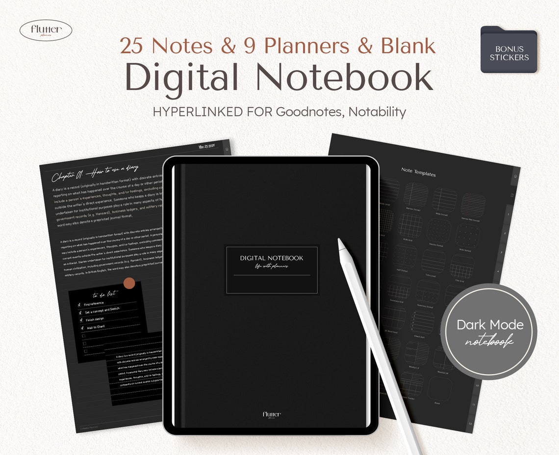 Dark Mode Digital Notebook for Goodnotes & Notability | 12 Hyperlinked ...