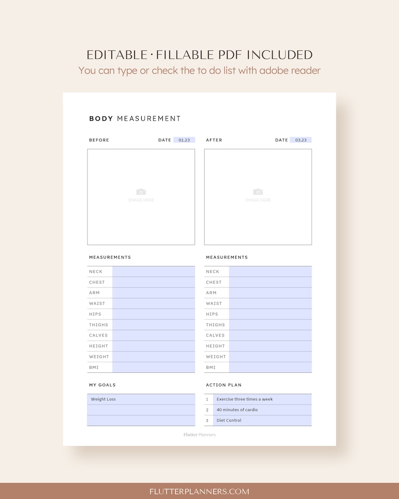 Body Measurement Printable | Fillable Body Measurements Tracker ...