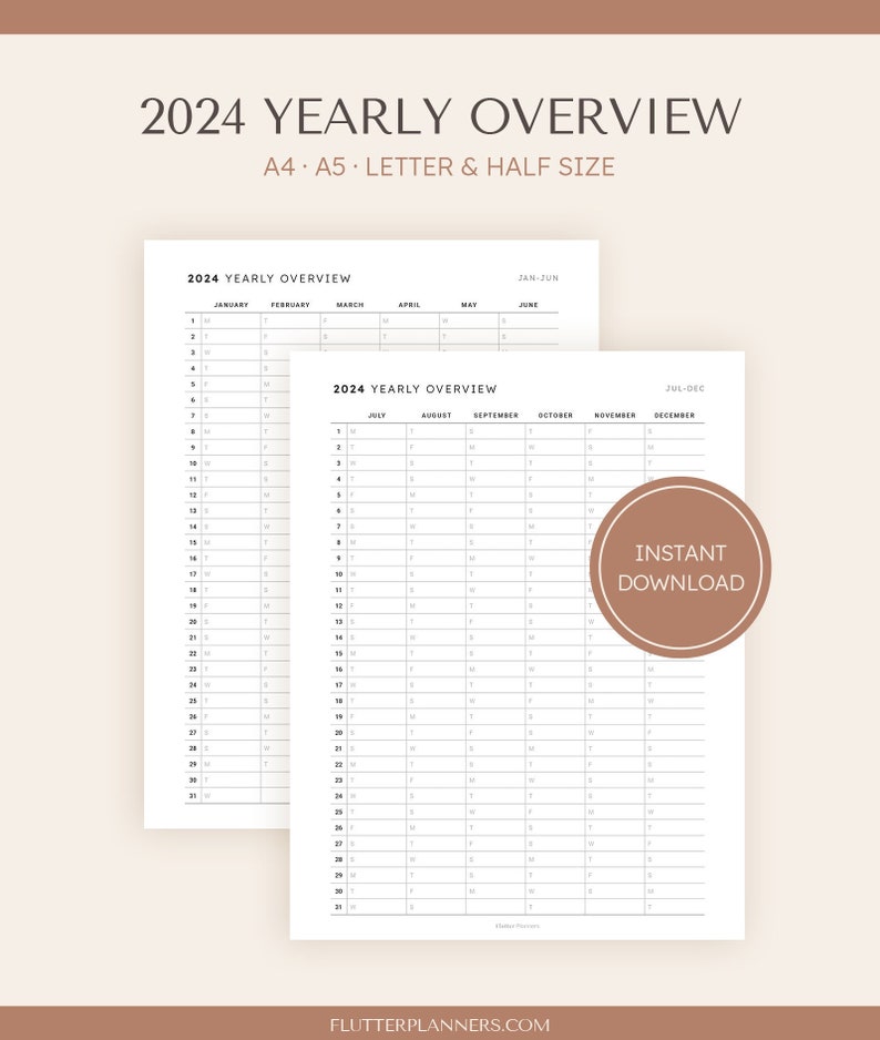 2024 Yearly Overview Printable Year at a Glance, Minimal Yearly ...