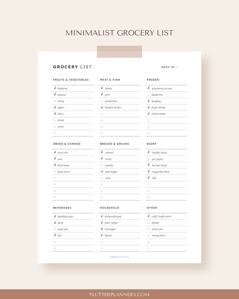 Grocery List With Categories Printable | Minimalist Shopping Check List ...