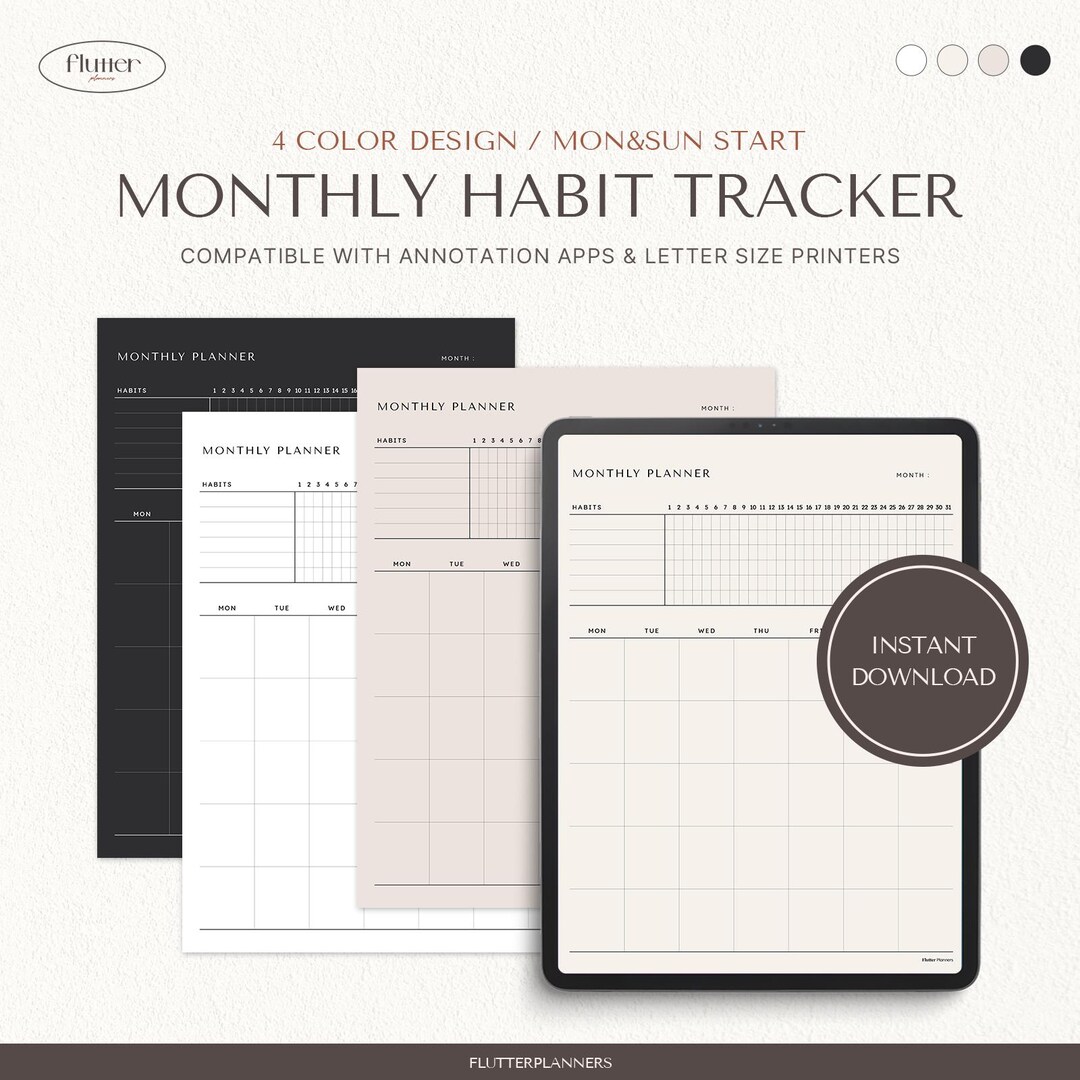 Digital Monthly Habit Tracker | Printable Undated Monthly Planner ...
