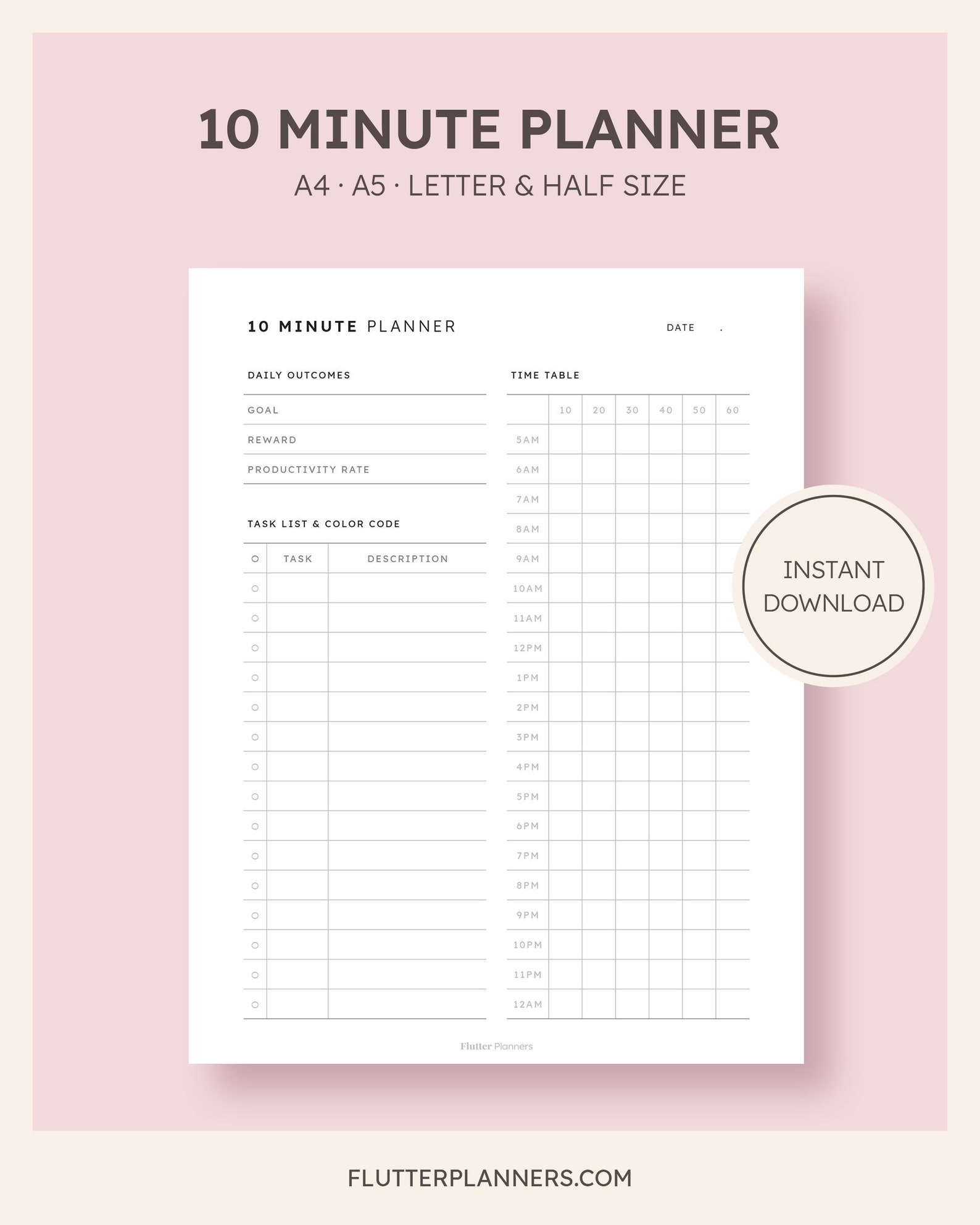 10 Minute Planner Printable Minimalist Time Management | Etsy