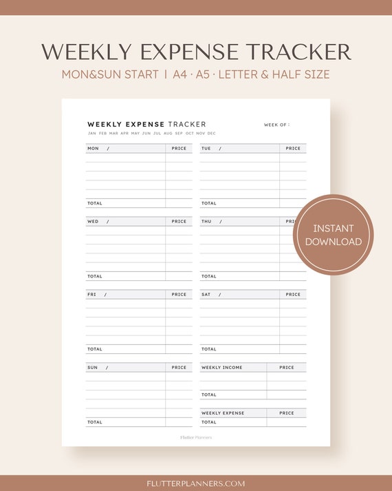 Weekly Expense Tracker Spending Log Worksheet Weekly Budget | Etsy