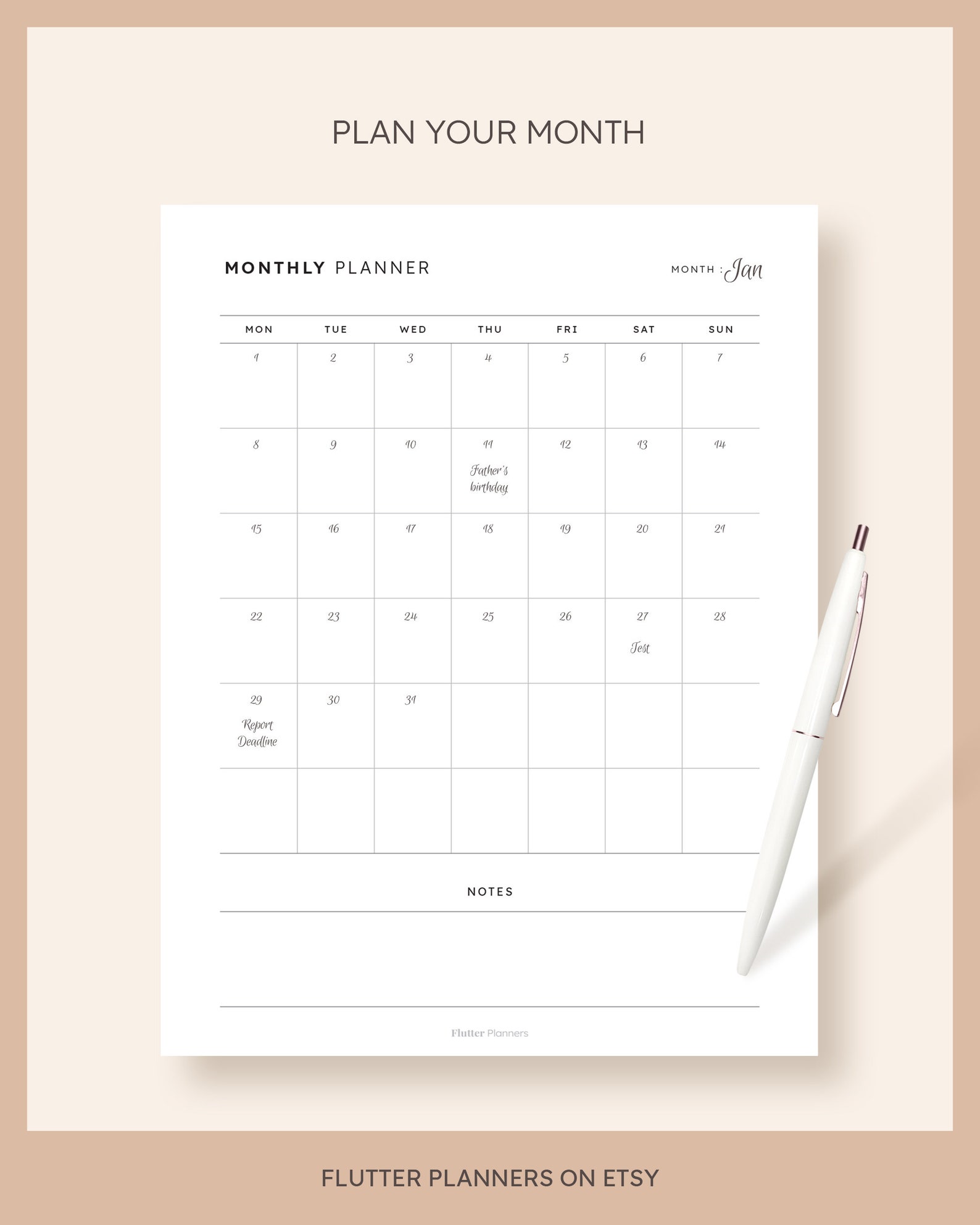 Undated Monthly Planner Printable Blank Minimalist Planner | Etsy