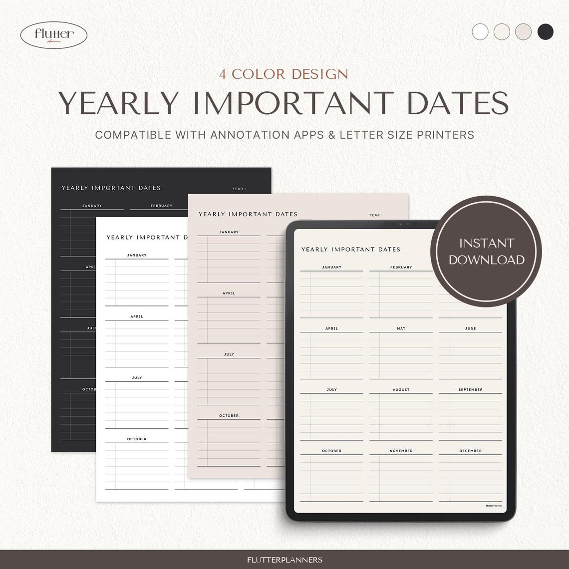 Yearly Important Dates Digital Planner | Year at a Glance ...