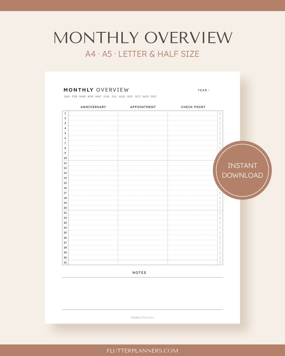 Monthly Overview Printable Planner | Month on One Page, Undated Monthly ...