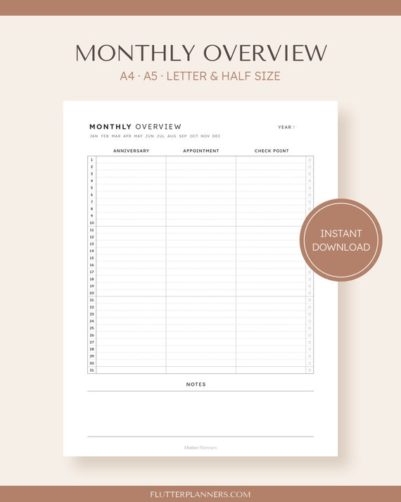 Monthly Overview Printable Planner Month on One Page | Etsy