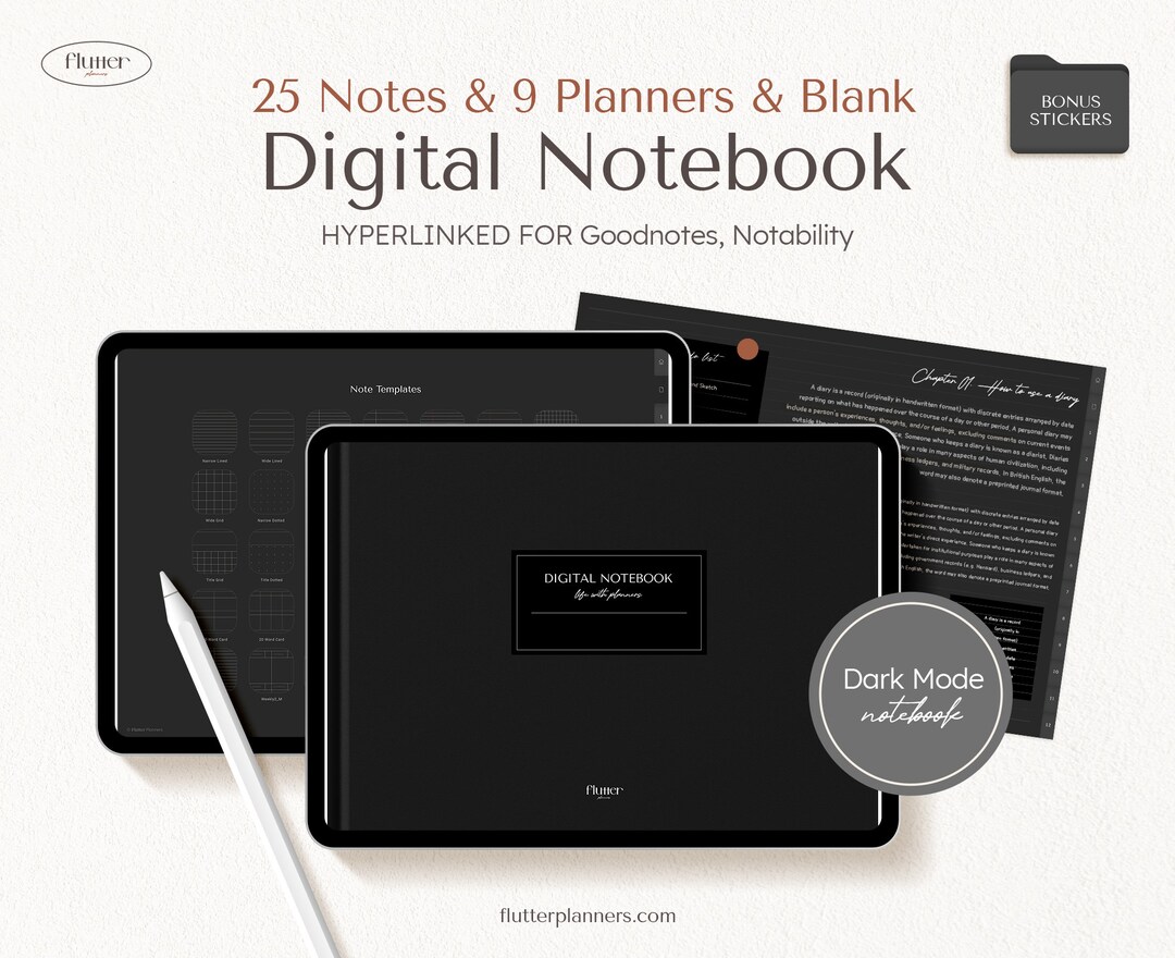 Dark Mode Digital Notebook: Hyperlinked Tabs, Stickers (PDF) - Etsy
