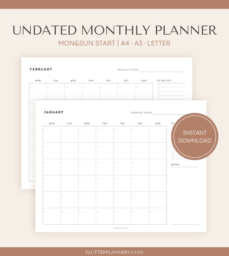 Undated Monthly Planner Printable | Large Undated Planner, Horizontal ...