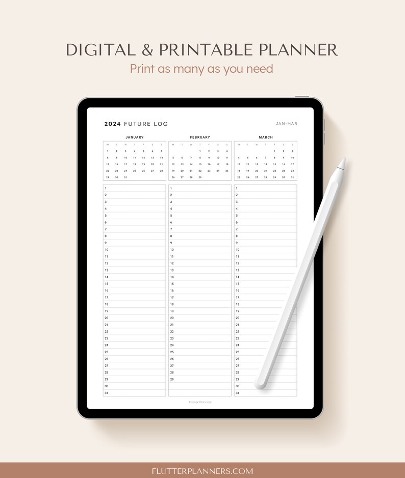 2024 Future Log Printable Minimalist Yearly Planner, Year at a Glance ...
