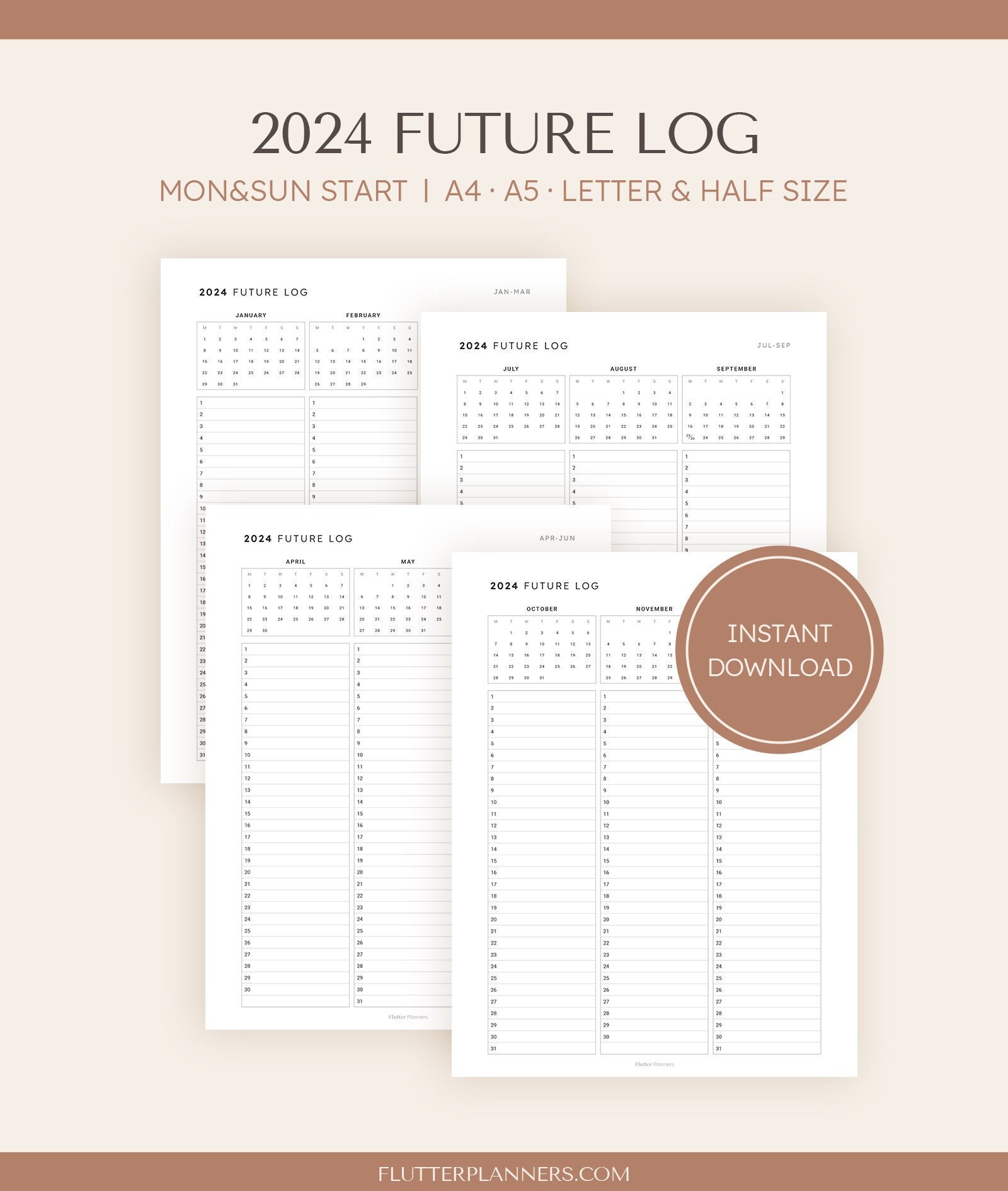 2024 Future Log Printable Minimalist Yearly Planner, Year at a Glance ...