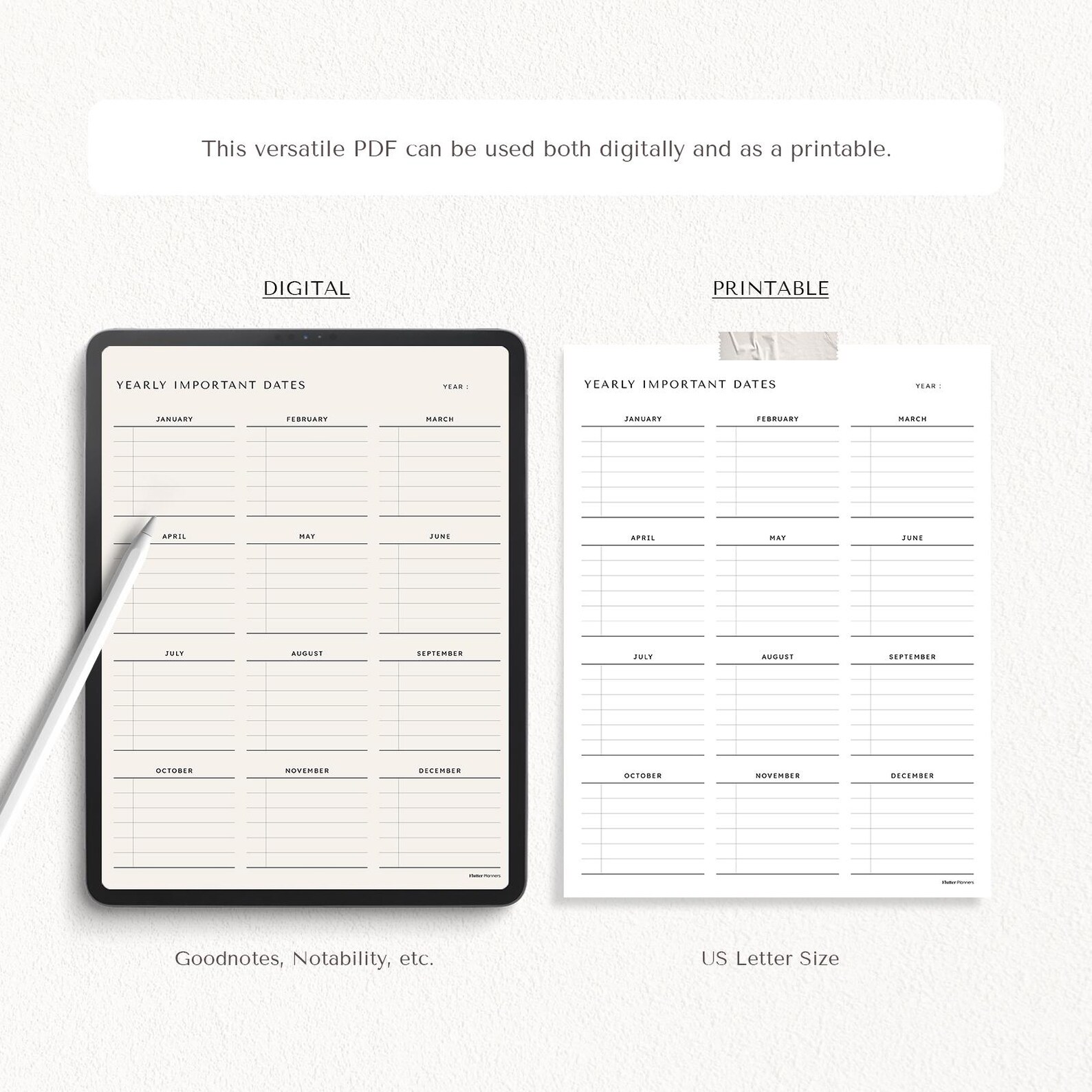 Yearly Important Dates Digital Planner | Year at a Glance ...