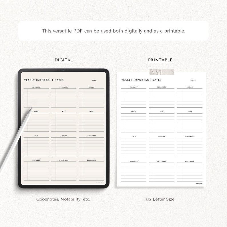 Yearly Important Dates Digital Planner | Year at a Glance ...