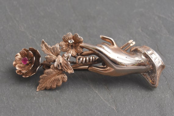 Antique Victorian Repousse Gilt Silver Hand Brooch - … - Gem