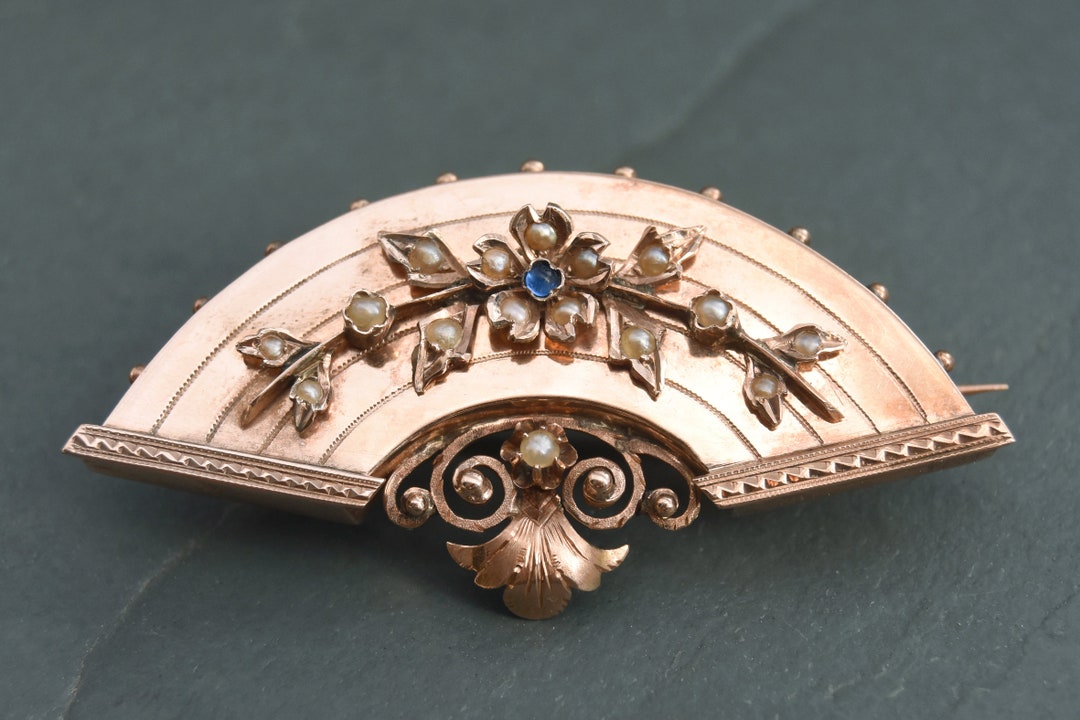 Antique 12k Gold Fan Shaped Brooch With Seed Pearls and Sapphire ...