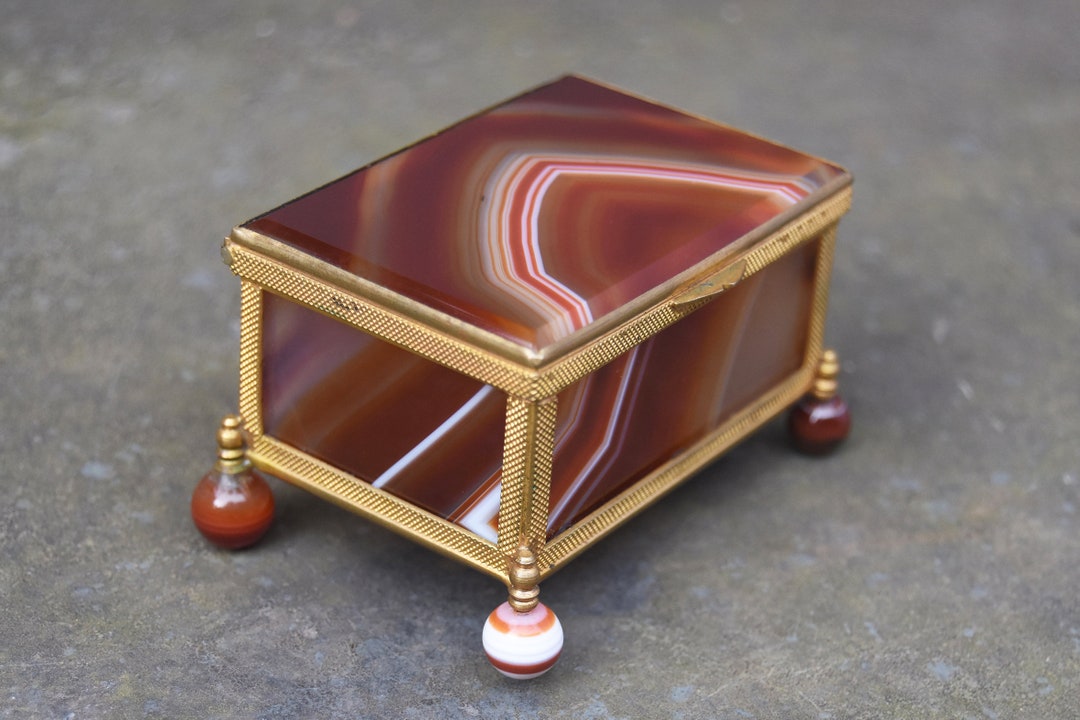 Antique Gilt Brass Jewelry Box With Banded Agate Panels - Etsy