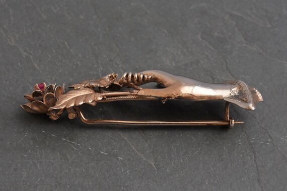 Antique Victorian Repousse Gilt Silver Hand Brooch - … - Gem
