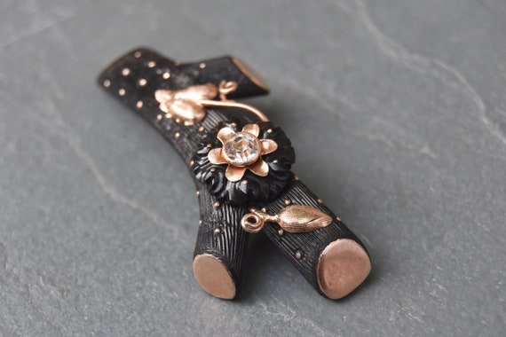 RESERVED - Antique 14K Gold and Wood Log Brooch with … - Gem