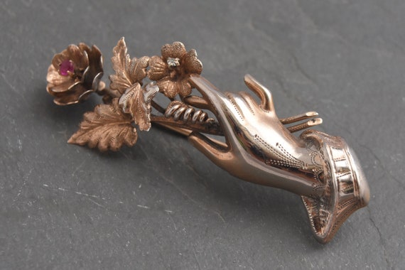 Antique Victorian Repousse Gilt Silver Hand Brooch - … - Gem