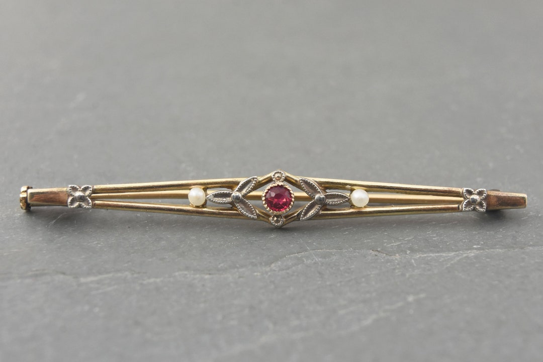 Antique Art Nouveau French Gold Fix Bar Brooch - Floral Motif With ...