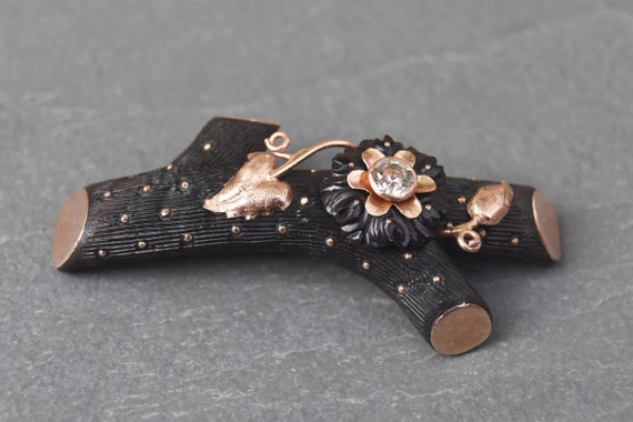 RESERVED - Antique 14K Gold and Wood Log Brooch with … - Gem