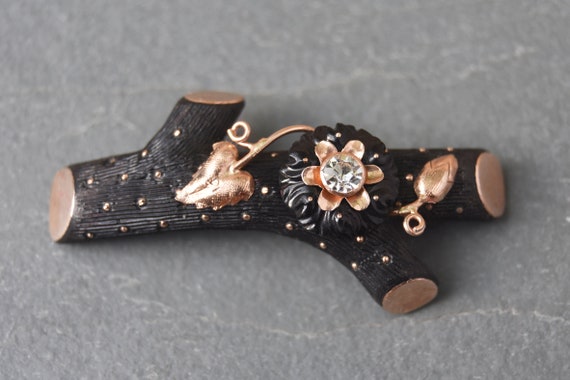RESERVED - Antique 14K Gold and Wood Log Brooch with … - Gem