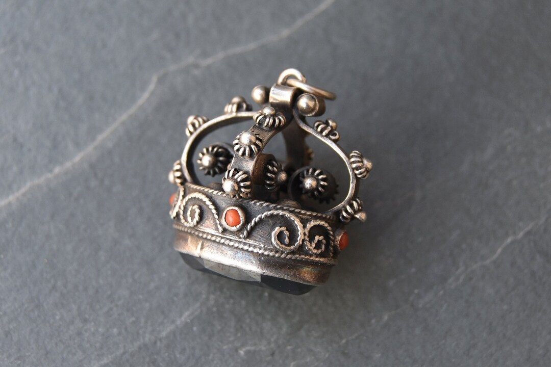 Etruscan Revival Silver Fob With Coral and Hematite Crown Pendant Charm ...
