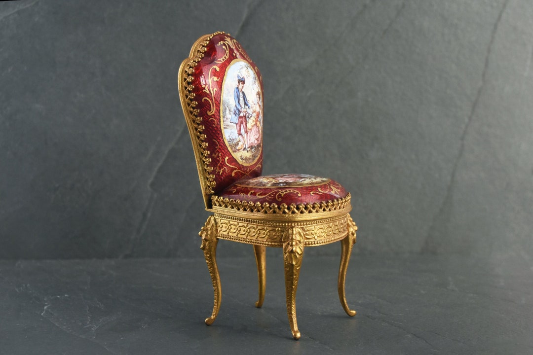 Miniature Gilded Bronze Hand-painted Enamel Chair With Romantic Scenes ...