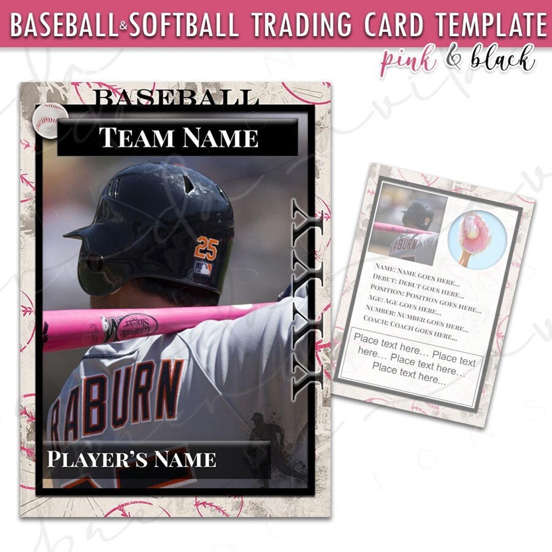 Pink & Black Baseball and Softball Trading Card- Template- Editable ...