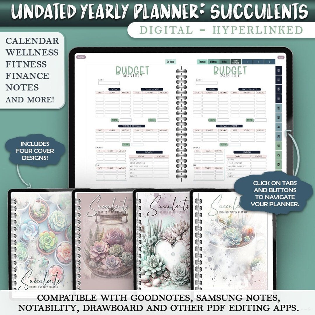 Undated Yearly Digital Planner- Succulents- All PDF Editing Apps ...