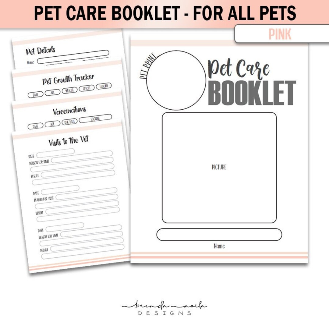 Pet Care Booklet for ALL PETS- Pink - PDF File - Printable - Digital ...