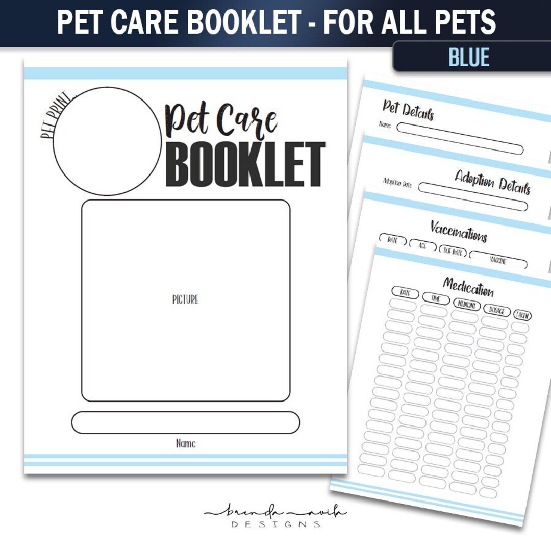 Pet Care Booklet for ALL PETS- Blue - PDF File - Printable - Digital ...