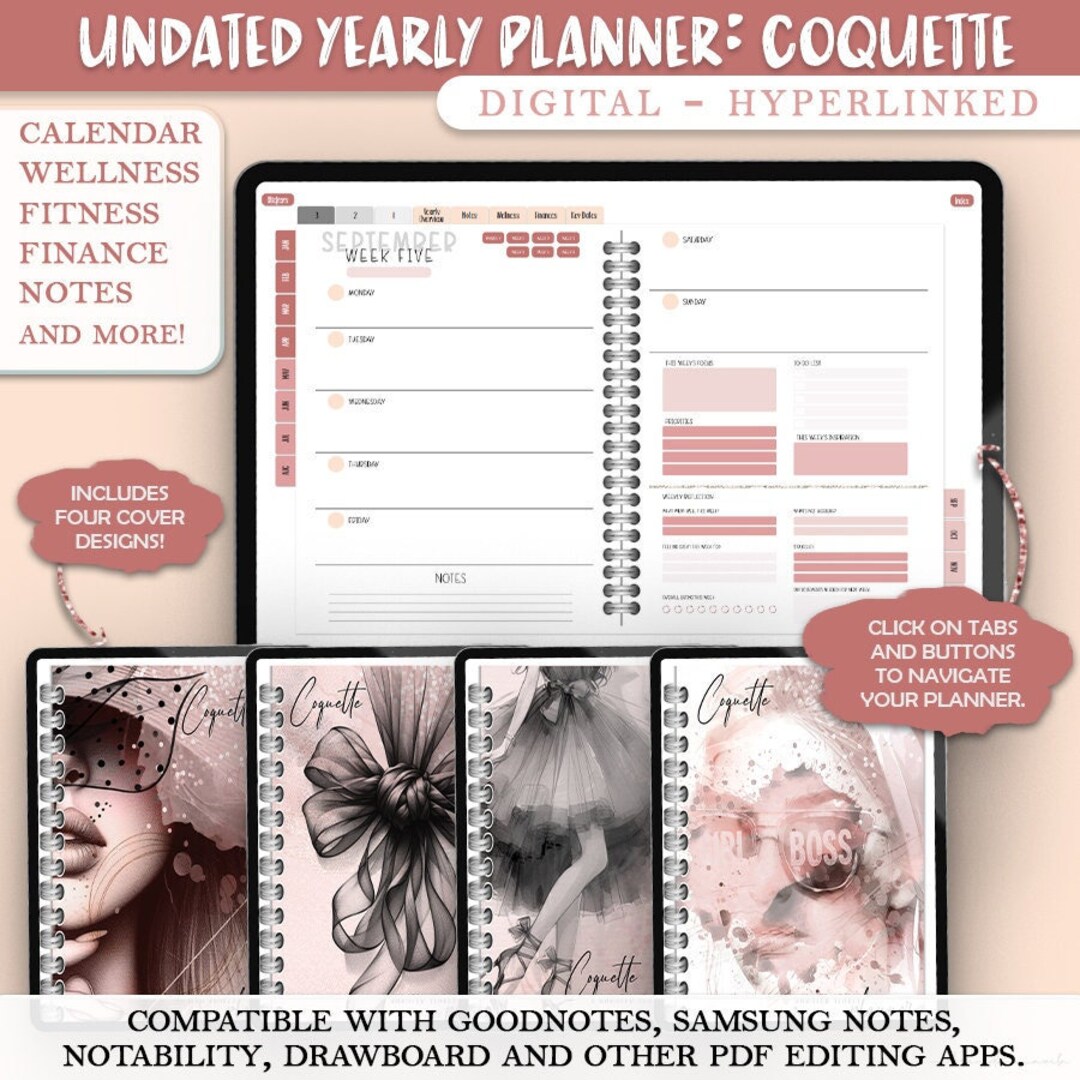 Undated Yearly Coquette Digital Planner- All PDF Editing Apps ...