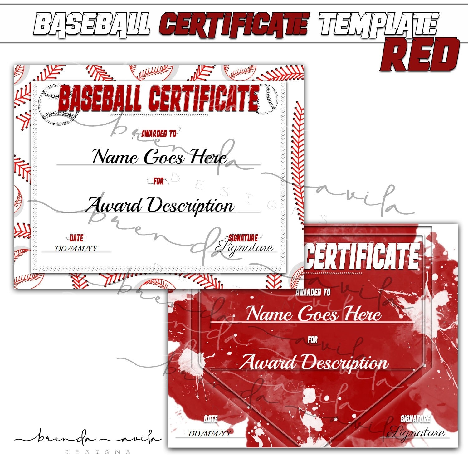 Baseball Certificate Designs Red Google Slides High Quality - Etsy