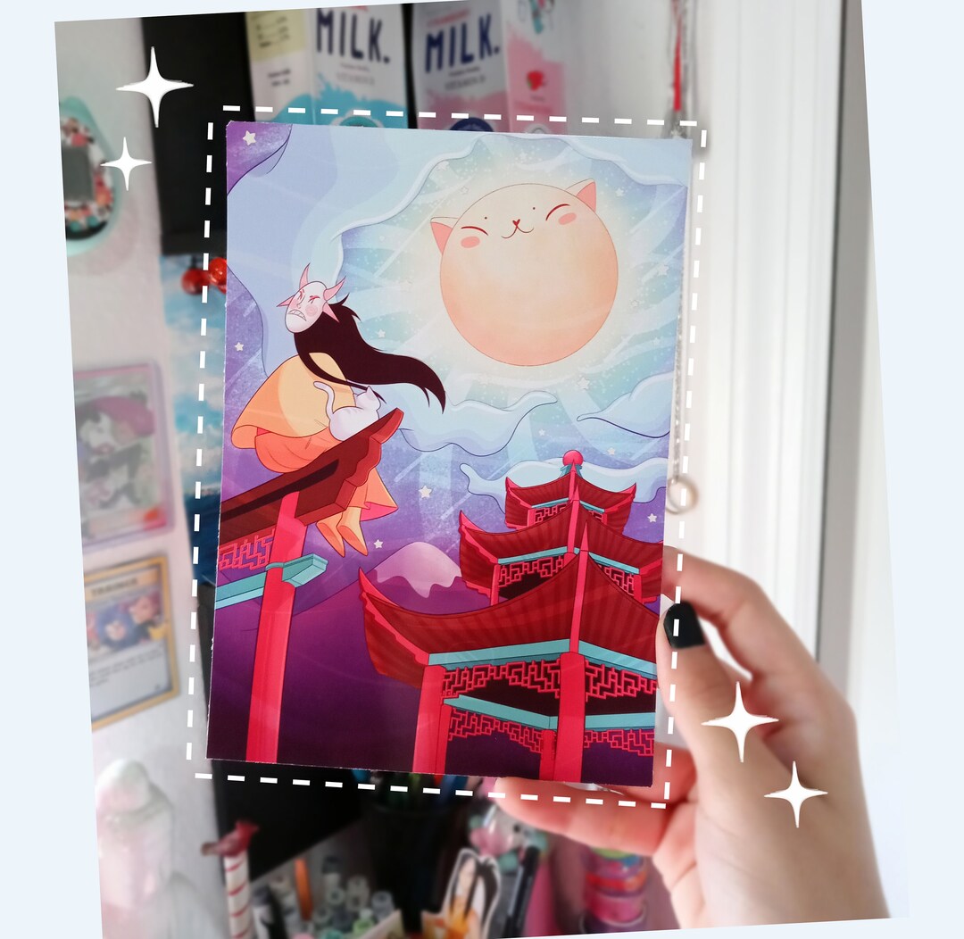 Japanese Girl Looking at the Cat Moon Artprint - Wall Art - Etsy