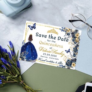 Editable Save the Date Quinceañera, Navy Blue Gold Floral, Sweet 16 ...