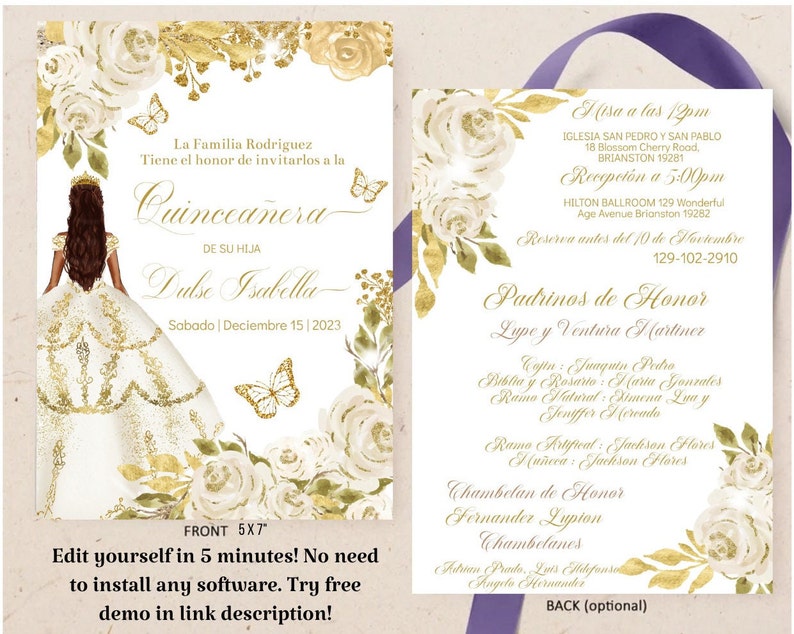 Quinceañera Editable Invitation DIY Floral Gold Champagne - Etsy
